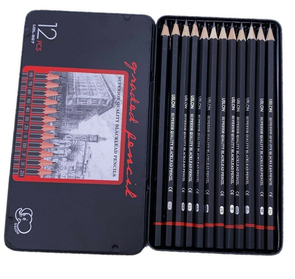 Uslon Professional Drawing Sketching Pencil Set 12 Pieces Graphite Pencils In Metal Case (8B ...